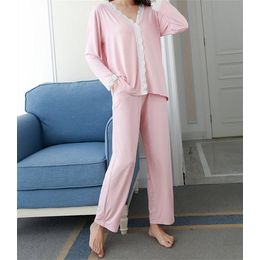 RUZU UG Schlafanzug Damen Pyjama V-Ausschnitt schlicht Langarm Loungewear Hausanzug