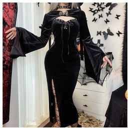 RUZU UG Dirndl Kleid Gothic Hexenkleid Halloween Kostüm Sexy Schulterfrei Dresses