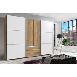 Schwebetürenschrank wimex "Magic by fresh to go" Schränke Gr. B/H/T: 300 cm x 216 cm x 65 cm, Griffleisten chromfarben, 4 St., braun (plankeneiche nachbildung, weiß)