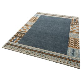 Wollteppich Theko "Nuno, reine Wolle, handgearbeitet, mit Bordüre" Teppiche Gr. B/L: 70 cm x 140 cm, 14 mm, 1 St., blau (dunkelblau) Schurwollteppiche