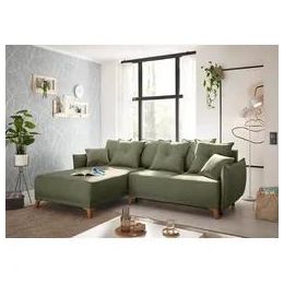 Ecksofa ED EXCITING DESIGN "Pamplona L-Form" Sofas Gr. B/H/T: 255cm x 91cm x 185cm, Webstoff, Recamiere beidseitig montierbar, grün (grün/denver 15 green/zierkissen lapit 77 green) mit Bettfunktion, Bettkasten, Rücken- und Zierkissen, frei im Raum