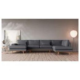 Wohnlandschaft Home Affaire "Torino mit 2 Zierkissen, auch in Bouclé" Sofas Gr. B/H/T: 351 cm x 81 cm x 219 cm, Chenille, Recamiere links, grau (anthrazit) U-Form, BTH: 35121981 cm, incl. edler Holzleiste an Unterkante