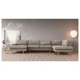 Wohnlandschaft Home Affaire "Torino mit 2 Zierkissen, auch in Bouclé" Sofas Gr. B/H/T: 351 cm x 81 cm x 219 cm, Bouclé, Recamiere links, grau (taupe) U-Form, BTH: 35121981 cm, incl. edler Holzleiste an Unterkante