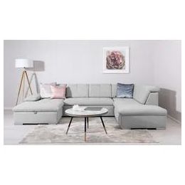 Wohnlandschaft Home Affaire "KARDA B/T/H: 328/215/95 cm, Liegefläche 256/126 cm" Sofas Gr. B/H/T: 328 cm x 95 cm x 215 cm, Luxus-Microfaser weich, Ottomane links, grau verstellbare Kopfstützen und Armlehne, U-form, Bettkasten, Federkern