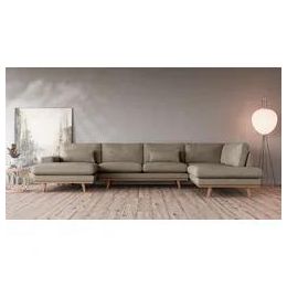 Wohnlandschaft Home Affaire "Torino mit 2 Zierkissen, auch in Bouclé" Sofas Gr. B/H/T: 351 cm x 81 cm x 219 cm, Chenille, Recamiere links, grau (taupe) U-Form, BTH: 35121981 cm, incl. edler Holzleiste an Unterkante