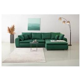 Ecksofa Home Affaire "Cara Mia L-Form" Sofas Gr. B/H/T: 325cm x 87cm x 183cm, Samtvelours, Recamiere beidseitig montierbar, mit Bettfunktion und Bettkasten, grün (dunkelgrün) wahlweise mit Bettfunktion und Bettkasten, Massivholzfüße