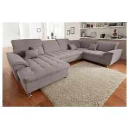 Wohnlandschaft DOMO collection "Franzi wahlweise mit Kopfteilverstellung Bettfunktion, Bettkasten" Sofas Gr. B/H/T: 352cm x 80cm x 214cm, Chenille, Recamiere links, ohne Funktion, grau (taupe) im XXL-Format BTH: 35221480 cm, Steppung Sitz, U-Form