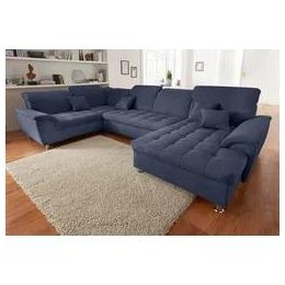 Wohnlandschaft DOMO collection "Franzi wahlweise mit Kopfteilverstellung Bettfunktion, Bettkasten", blau (marine), B:352cm H:80cm T:214cm, Flachgewebe (100% Polyester), Chenille (100% Polyester), Sofas, im XXL-Format B/T/H: 352/214/80 cm, Steppung im Sitz, U-Form, Topseller