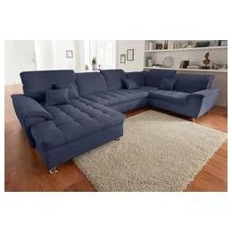 Wohnlandschaft DOMO collection "Franzi wahlweise mit Kopfteilverstellung Bettfunktion, Bettkasten" Sofas Gr. B/H/T: 352cm x 80cm x 214cm, Chenille, Recamiere links, mit Kopfteilverstellung, blau (marine) im XXL-Format BTH: 35221480 cm, Steppung Sitz, U-Form