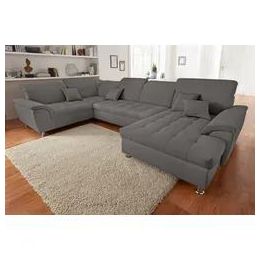 Wohnlandschaft DOMO collection "Franzi wahlweise mit Kopfteilverstellung Bettfunktion, Bettkasten" Sofas Gr. B/H/T: 352cm x 80cm x 214cm, Flachgewebe, Recamiere rechts, ohne Funktion, grau im XXL-Format BTH: 35221480 cm, Steppung Sitz, U-Form