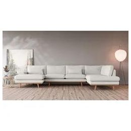 Wohnlandschaft Home Affaire "Torino mit 2 Zierkissen, auch in Bouclé" Sofas Gr. B/H/T: 351 cm x 81 cm x 219 cm, Chenille, Recamiere links, beige U-Form, BTH: 35121981 cm, incl. edler Holzleiste an Unterkante