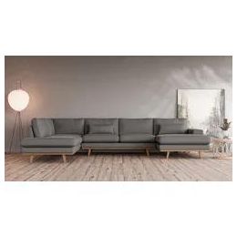 Wohnlandschaft Home Affaire "Torino mit 2 Zierkissen, auch in Bouclé" Sofas Gr. B/H/T: 351 cm x 81 cm x 219 cm, Struktur weich, Recamiere rechts, grau (dunkelgrau) U-Form, BTH: 35121981 cm, incl. edler Holzleiste an Unterkante