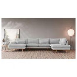 Wohnlandschaft Home Affaire "Torino mit 2 Zierkissen, auch in Bouclé" Sofas Gr. B/H/T: 351 cm x 81 cm x 219 cm, Bouclé, Recamiere links, grau (hellgrau) U-Form, BTH: 35121981 cm, incl. edler Holzleiste an Unterkante