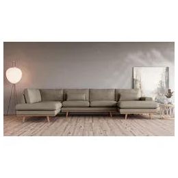 Wohnlandschaft Home Affaire "Torino mit 2 Zierkissen, auch in Bouclé" Sofas Gr. B/H/T: 351cm x 81cm x 219cm, Chenille, Recamiere rechts, grau (taupe) U-Form, BTH: 35121981 cm, incl. edler Holzleiste an Unterkante