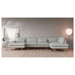 Wohnlandschaft Home Affaire "Torino mit 2 Zierkissen, auch in Bouclé" Sofas Gr. B/H/T: 351 cm x 81 cm x 219 cm, Struktur weich, Recamiere links, grau (hellgrau) U-Form, BTH: 35121981 cm, incl. edler Holzleiste an Unterkante