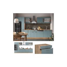 VICCO K&uuml;chenzeile R-Line Solid Eiche Blau Grau 350 cm modern K&uuml;chenschr&auml;nke K&uuml;chenm&ouml;bel