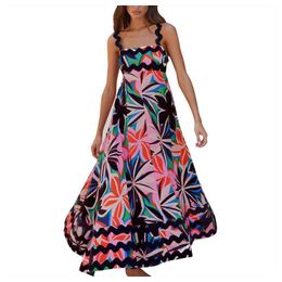RUZU UG Dirndl Boho Kleid Damen Vintage Blumen Bedruckt Spaghetti Hawaii Kleid
