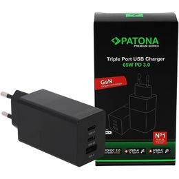 Patona 3in1 USB Schnelllade-Gerät (65W GaN 3.0 Adapter mit Power Delivery Handy-Netzteile)
