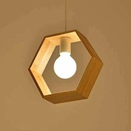 Wooden Pendant Light Indoor Nordic Simple Natures Wood Geometric Pendant Lamps E27 for Dining Room/Living Room/Office/Cafe (Hexagonal Shape)