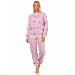 Normann Pyjama Damen Schlafanzug mit Bündchen aus Coralfleece in Herz-Motiv Optik