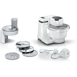Bosch Küchenmaschine Serie 2 MUMSAW01, Kunststoffschüssel, Durchlaufschnitzler, weiß, 700 W, 5,6 l Schüssel, 4 Scheiben, Knethaken/Rühr-/Schlagbesen, Edelstahl spülm.fest, weiß