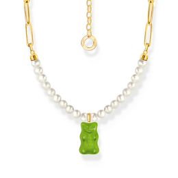 Thomas Sabo Gliederkette mit grünem Goldbären-Anhänger und Perlen vergoldet