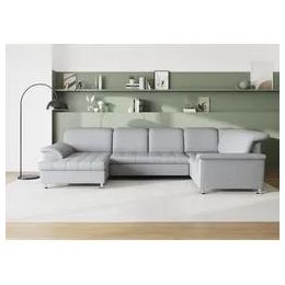 Wohnlandschaft DOMO collection "Franzi wahlweise mit Kopfteilverstellung Bettfunktion, Bettkasten" Sofas Gr. B/H/T: 352cm x 80cm x 214cm, Struktur grob, Recamiere links, mit Kopfteilverstellung, silberfarben (silber) im XXL-Format BTH: 35221480 cm, Steppung Sitz, U-Form