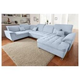 Wohnlandschaft DOMO collection "Franzi wahlweise mit Kopfteilverstellung Bettfunktion, Bettkasten" Sofas Gr. B/H/T: 352cm x 80cm x 214cm, Chenille, Recamiere rechts, mit Kopfteilverstellung, blau (pastelblau) im XXL-Format BTH: 35221480 cm, Steppung Sitz, U-Form