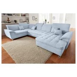 Wohnlandschaft DOMO collection "Franzi wahlweise mit Kopfteilverstellung Bettfunktion, Bettkasten" Sofas Gr. B/H/T: 352cm x 80cm x 214cm, Chenille, Recamiere rechts, ohne Funktion, blau (pastelblau) im XXL-Format BTH: 35221480 cm, Steppung Sitz, U-Form