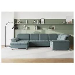 Wohnlandschaft DOMO collection "Franzi wahlweise mit Kopfteilverstellung Bettfunktion, Bettkasten" Sofas Gr. B/H/T: 352cm x 80cm x 214cm, Webstoff fein, Recamiere links, mit Kopfteilverstellung, blau (eisblau) im XXL-Format BTH: 35221480 cm, Steppung Sitz, U-Form