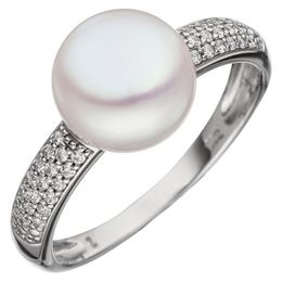 Schmuck Krone Fingerring Ring Damenring mit Süßwasser Perle & Zirkonia 333 Gold Weißgold Perlenring Damen