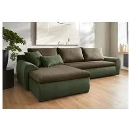 Ecksofa Home Affaire "Win L-Form" Sofas Gr. B/H/T: 285cm x 85cm x 176cm, Struktur-Samtvelours, Recamiere beidseitig montierbar, Mit Bettfunktion und Bettkasten, grün (olive grün) wahlweise mit Bettfunktion und Bettkasten