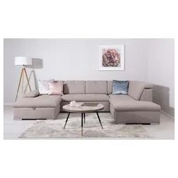 Wohnlandschaft Home Affaire "KARDA B/T/H: 328/215/95 cm, Liegefläche 256/126 cm" Sofas Gr. B/H/T: 328cm x 95cm x 215cm, Luxus-Microfaser weich, Ottomane links, grau (taupe) verstellbare Kopfstützen und Armlehne, U-form, Bettkasten, Federkern