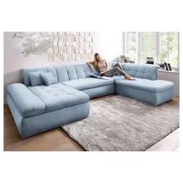 Wohnlandschaft DOMO collection "Moric Luxus incl. Zierkissen" Sofas Gr. B/H/T: 353cm x 80cm x 216cm, Chenilleoptik, Ottomane rechts, blau (pastelblau) U-Form, bis 140kg pro Sitzplatz belastbar, XXL BTH: 35321680 cm