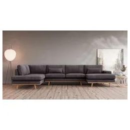 Wohnlandschaft Home Affaire "Torino mit 2 Zierkissen, auch in Bouclé" Sofas Gr. B/H/T: 351cm x 81cm x 219cm, Bouclé, Recamiere rechts, grau (anthrazit) U-Form, BTH: 35121981 cm, incl. edler Holzleiste an Unterkante