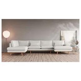 Wohnlandschaft Home Affaire "Torino mit 2 Zierkissen, auch in Bouclé" Sofas Gr. B/H/T: 351cm x 81cm x 219cm, Chenille, Recamiere rechts, beige U-Form, BTH: 35121981 cm, incl. edler Holzleiste an Unterkante