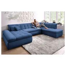 Wohnlandschaft DOMO collection "Moric Luxus incl. Zierkissen" Sofas Gr. B/H/T: 353cm x 80cm x 216cm, Chenilleoptik, Ottomane rechts, blau U-Form, bis 140kg pro Sitzplatz belastbar, XXL BTH: 35321680 cm