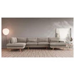 Wohnlandschaft Home Affaire "Torino mit 2 Zierkissen, auch in Bouclé" Sofas Gr. B/H/T: 351 cm x 81 cm x 219 cm, Bouclé, Recamiere rechts, grau (taupe) U-Form, BTH: 35121981 cm, incl. edler Holzleiste an Unterkante