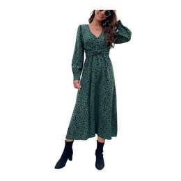 KIKI Midikleid Modisches Damenkleid in langem Schnitt mit grünen langen Ärmeln