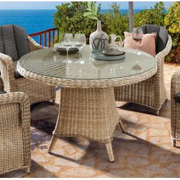 Destiny Gartentisch LUNA Tisch, Polyrattan, Ø 100x75 cm, mit aufgelegter Glasplatte, natur meliert, beige