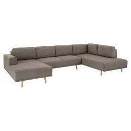 Wohnlandschaft Home Affaire "Lasse U-Form" Sofas Gr. B/H/T: 355cm x 84cm x 203cm, Struktur fein, Ottomane rechts, braun im scandinavischem Stil mit Holzfüßen