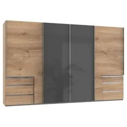 Schwebetürenschrank wimex "Level by fresh to go" Schränke Gr. B/H/T: 350cm x 216cm x 65cm, 4 St., grau (plankeneichefarben/grauglas) mit Glastüren und Synchronöffnung