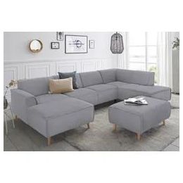 Wohnlandschaft Andas "Janek U-Form" Sofas Gr. B/H/T: 324cm x 81cm x 191cm, Struktur weich, Ottomane rechts, ohne Funktion, grau mit Federkern und Keder in scandinavischem Design