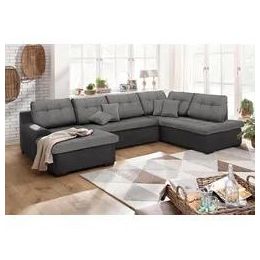 Wohnlandschaft Home Affaire "Föhr U-Form" Sofas Gr. B/H/T: 310cm x 75cm x 200cm, Microfaser PRIMABELLE-Webstoff, Recamiere links, ohne Bettfunktion, grau (hellgrau) wahlweise mit Bettfunktion