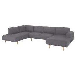 Wohnlandschaft Home Affaire "Lasse U-Form" Sofas Gr. B/H/T: 355cm x 84cm x 203cm, Luxus-Microfaser, Ottomane links, grau im scandinavischem Stil mit Holzfüßen