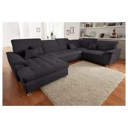 Wohnlandschaft DOMO collection "Franzi wahlweise mit Kopfteilverstellung Bettfunktion, Bettkasten" Sofas Gr. B/H/T: 352cm x 80cm x 214cm, Flachgewebe, Recamiere links, mit Kopfteilverstellung, grau (graphite) im XXL-Format BTH: 35221480 cm, Steppung Sitz, U-Form