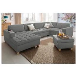 Wohnlandschaft Home Affaire "Corby U-Form" Sofas Gr. B/H/T: 333 cm x 80 cm x 199 cm, Struktur fein, Recamiere links, ohne Bettfunktion, grau (hellgrau) wahlweise mit Bettfunktion, Steppung auf Sitzfläche