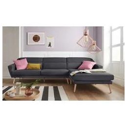 Ecksofa Andas "Bille L-Form" Sofas Gr. B/H/T: 302cm x 86cm x 178cm, Luxus-Microfaser weich, Recamiere rechts, grau (dunkelgrau) mit Naht im Rückenkissen und Beinen aus Eichenholz