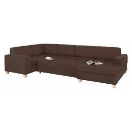 Wohnlandschaft Home Affaire "Corby U-Form" Sofas Gr. B/H/T: 333cm x 80cm x 199cm, NaturLEDER, Recamiere rechts, mit Bettfunktion-mit Bettkasten, braun (dunkelbraun) wahlweise mit Bettfunktion, Steppung auf Sitzfläche