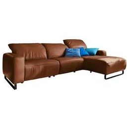 Ecksofa Home Affaire "Juist L-Form" Sofas Gr. B/H/T: 290cm x 85cm x 180cm, NaturLEDER, Recamiere rechts, mit motorischer Relaxfunktion, braun (cognac) mit Kopfteilverstellung und schwarzen Metallkufen